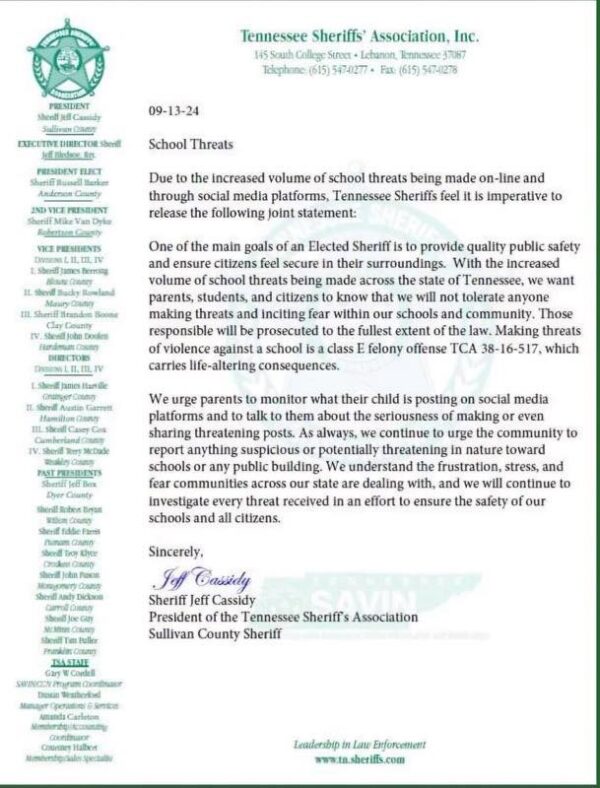 School Safety Letter - Rhea County Sheriff's Dept.